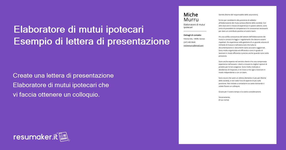 Lettera di presentazione Elaboratore di mutui ipotecari: Descrizione del lavoro, esempio e guida